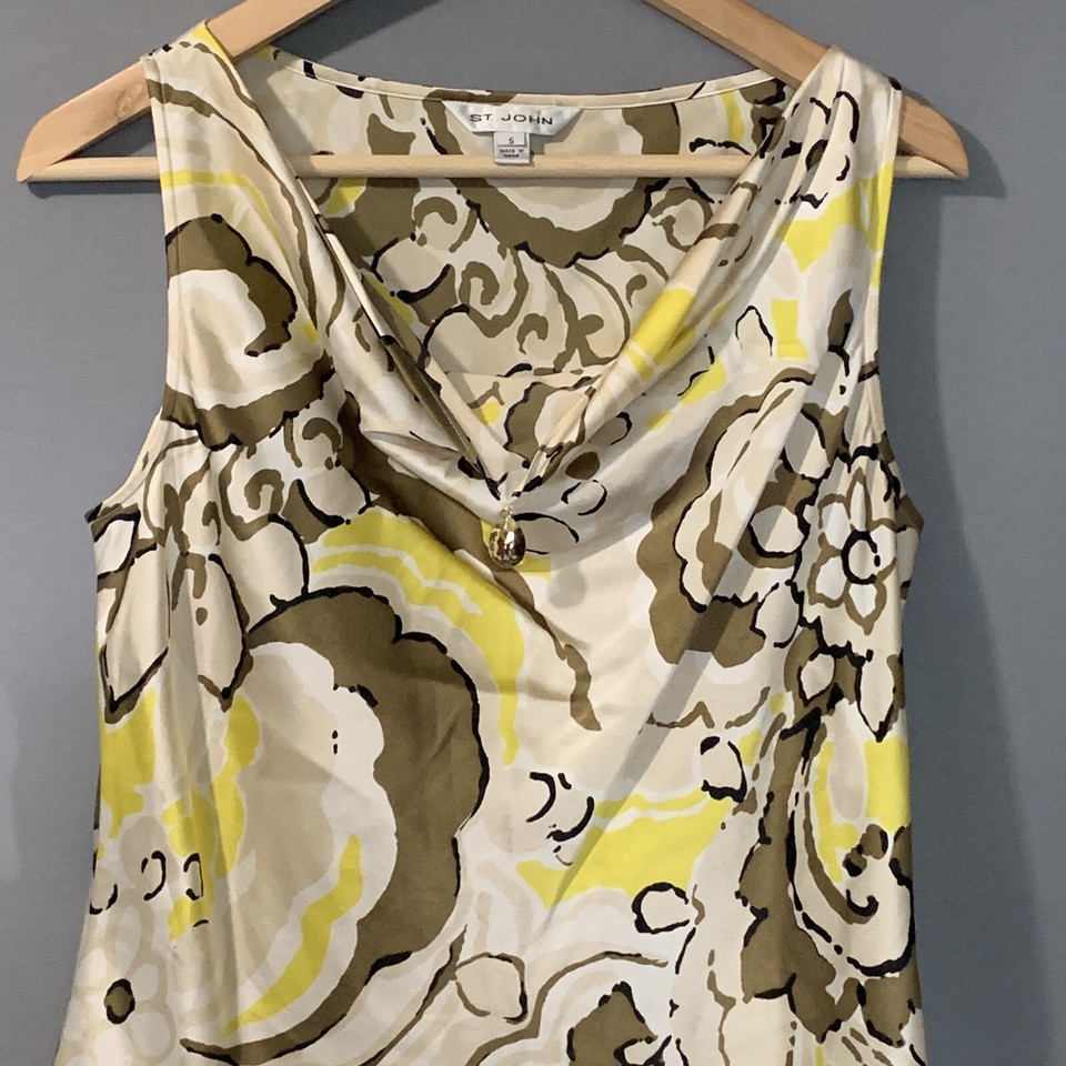 ST.JOHN SILK Watercolor Print Draped COWL NECK Sleeveless Top Shell ...