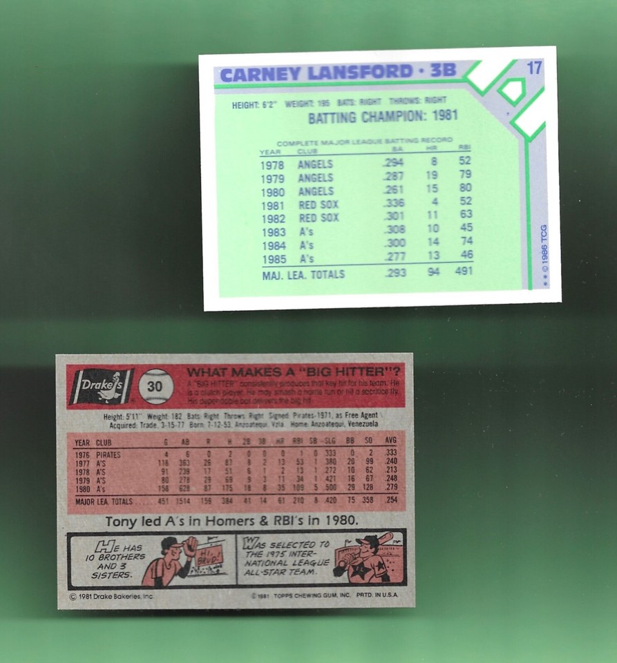 BOTH! TONY ARMAS/CARNEY LANSFORD-OAKLAND A'S! 1986 SUPER STAR/DRAKES ...