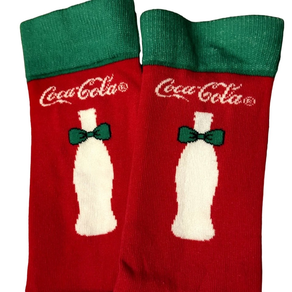 Coca Cola Holiday Crew Socks Christmas Coke Bottle with Ribbon Green ...