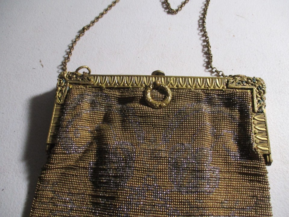 Antique early 1900s French Gold steel mesh micro beaded Purse bag with ...