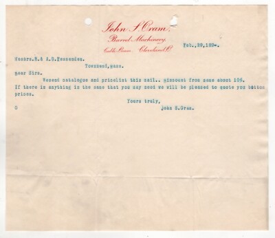 1890 JOHN ORAM LETTERHEAD BARREL MACHINERY CLEVELAND OH FESSENDEN ...