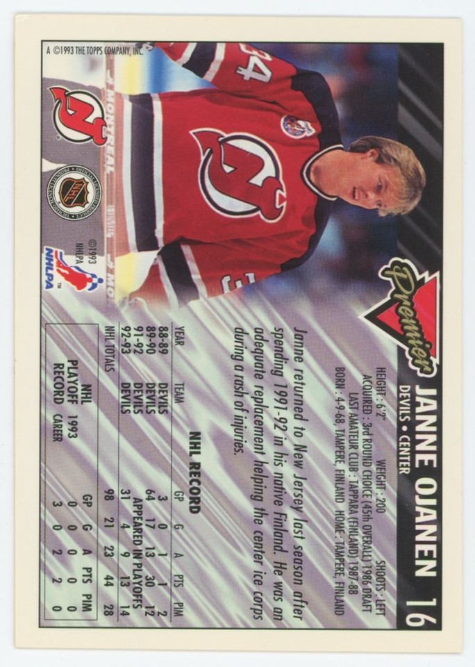 1993-94 Topps Premier Janne Ojanen New Jersey Devils #16 | eBay