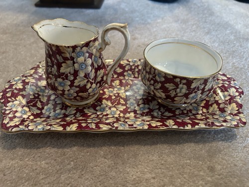 VTG Royal Albert Burgundy Brocade Floral Bone China- Sugar, Creamer ...