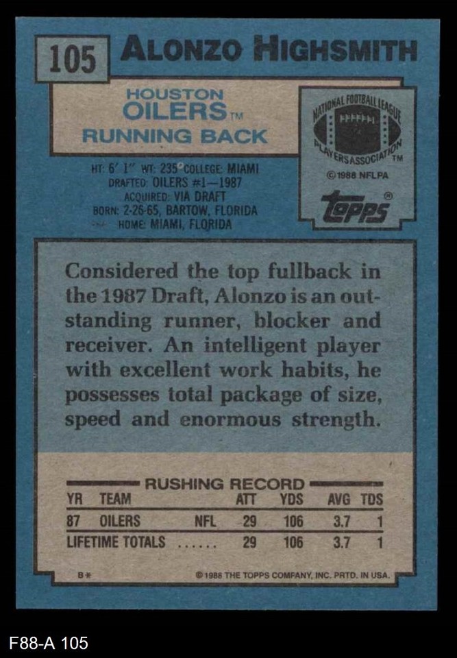 1988 Topps #105 Alonzo Highsmith Oilers RC Miami (FL) 8 - NM/MT | eBay