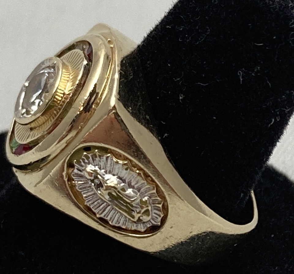 14K Two-Tone Gold Religious Ring w/ CZ, Red, Green Stones 9.8 Grams | eBay