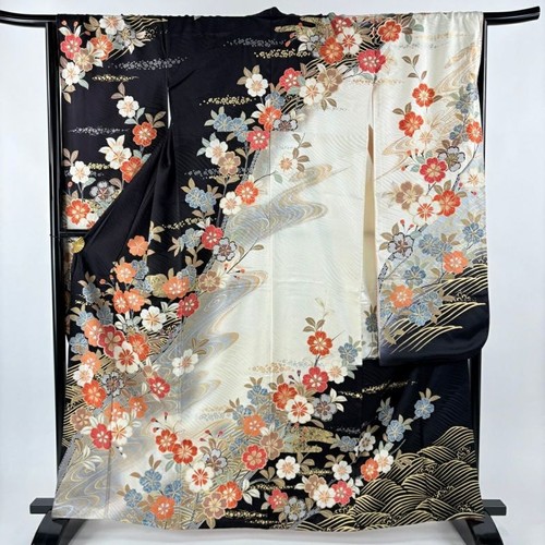 Japanese Furisode Silk Kimono L 163cm Black Cherry blossom Flowing ...