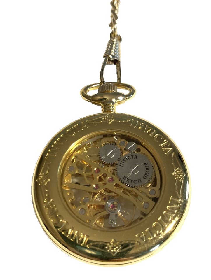 RARE VTG Invicta Skeleton Pocket Watch Automatic Men's Gold Tone Chain ...