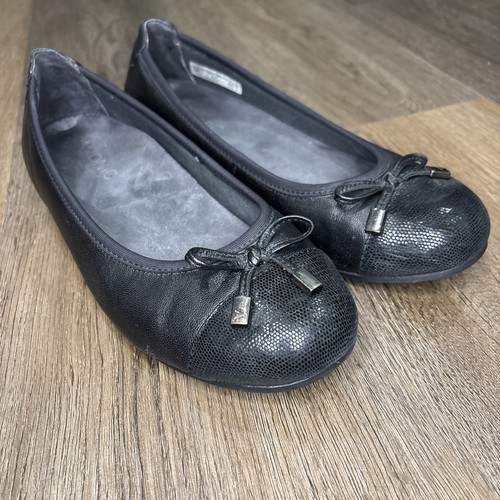 Vionic Minna Ballet Flats Women’s 7.5 Black Bow Detail Leather Textured ...