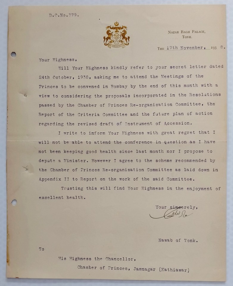 TONK STATE India 1938 crested letter signed Nawab Mohammed Ibrahim Ali ...