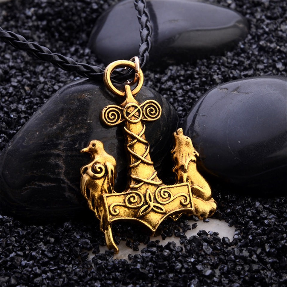 Mens Nordic Viking Mjolnir Wolf Crow Pendant Chain Myth Thor's Hammer ...