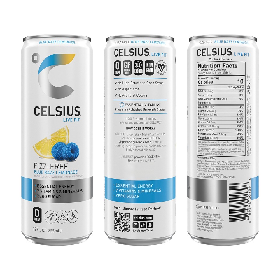 CELSIUS Blue Razz Lemonade Energy Drink 12 Fl Oz Pack of 12 No Sugar ...