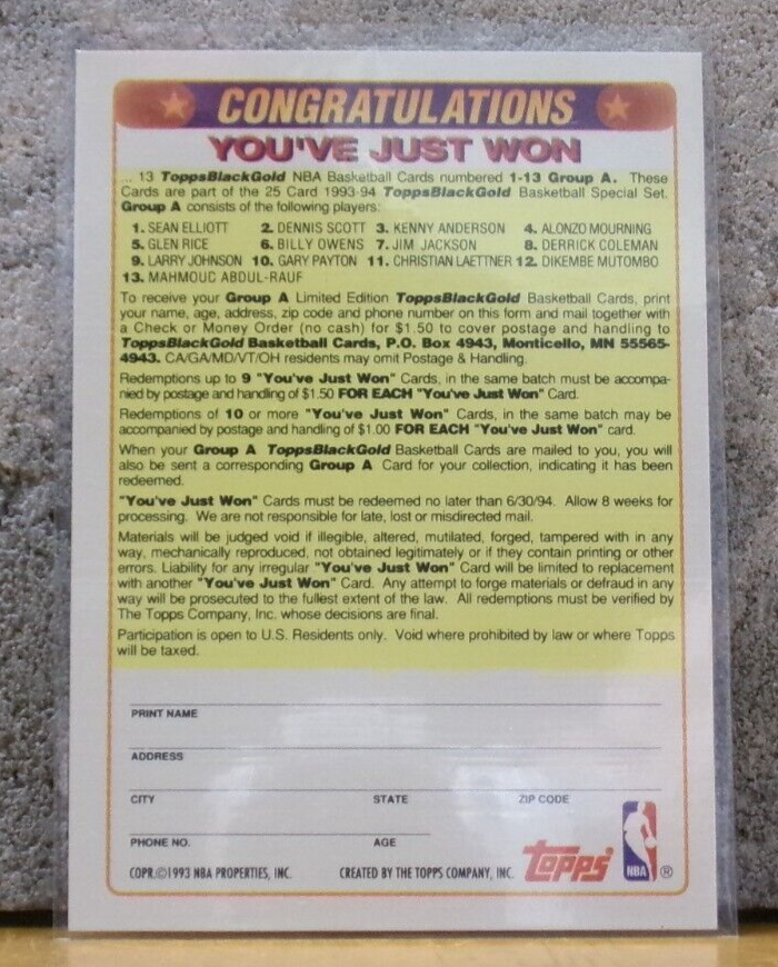 BASKETBALL CARD CONGRATULATIONS TOPPS BLACK GOLD REDEMPTION CARD WINNER ...