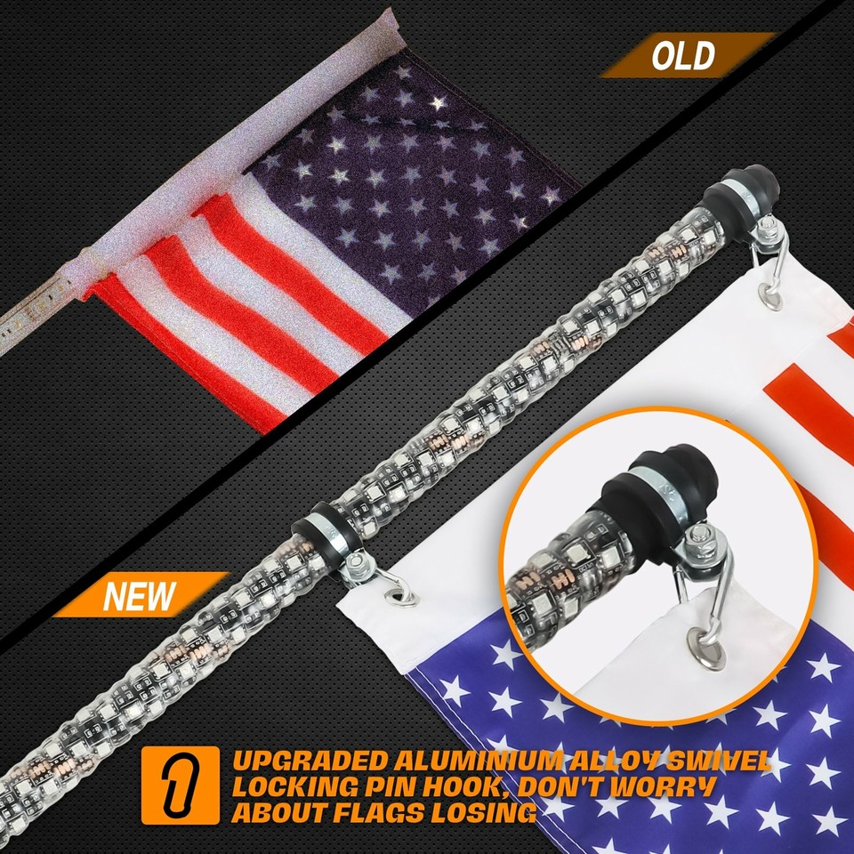 2X 4ft Lighted Spiral LED Whip Antenna w/Flag + 4 Pods RGB Rock Lights ...