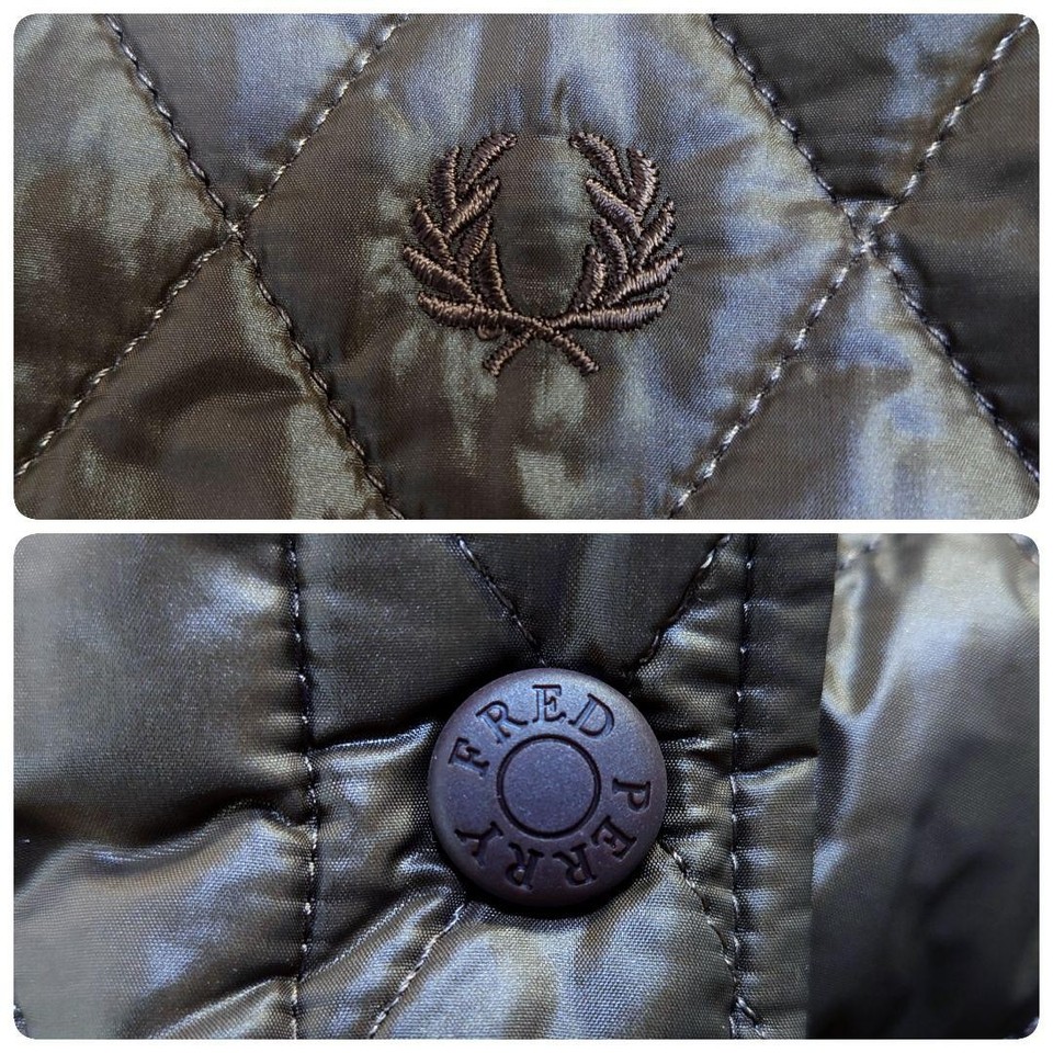 Fred Perry Quilted Jacket L Brown Nylon Cotton Embroidered Logo Men's ...