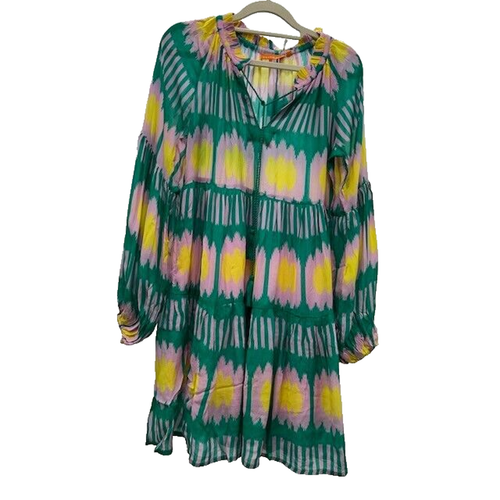 Oliphant Swing Dress Tunic Balloon Sleeves Silk Cotton Blend Ikat Print ...