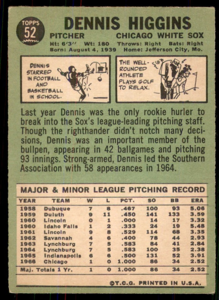 1967 TOPPS DENNIS HIGGINS CHICAGO WHITE SOX #52 VG+ | eBay