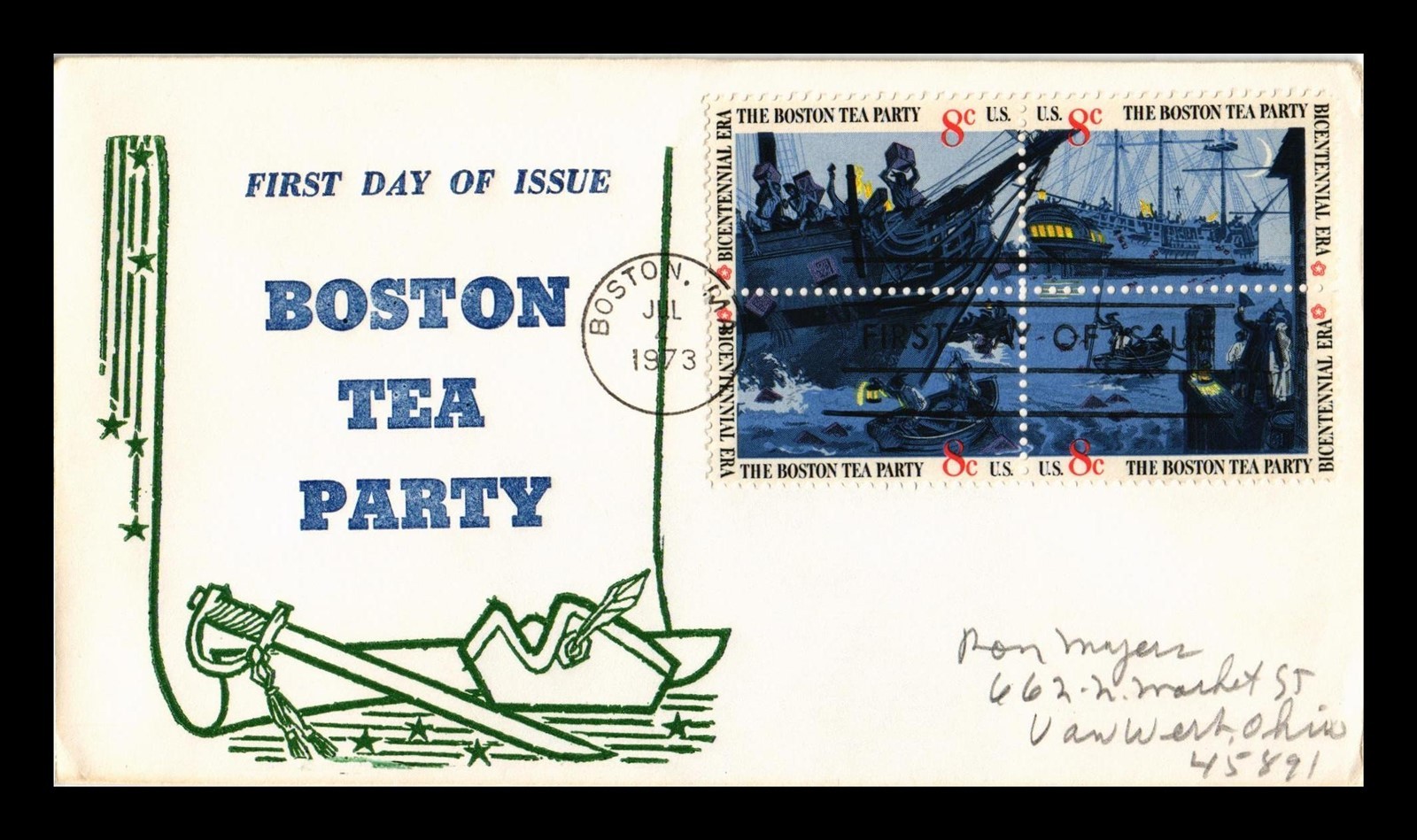DR JIM STAMPS US COVER BOSTON TEA PARTY BICENTENNIAL FDC SETENANT RON ...