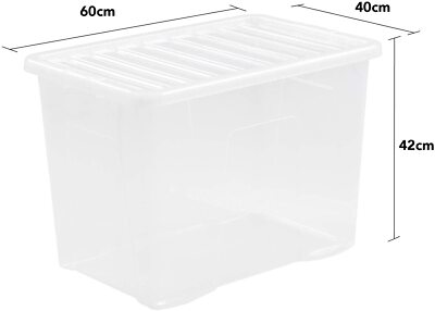 80 Litres CLEAR PLASTIC Large Storage Box With Lids Strong Nestable ...