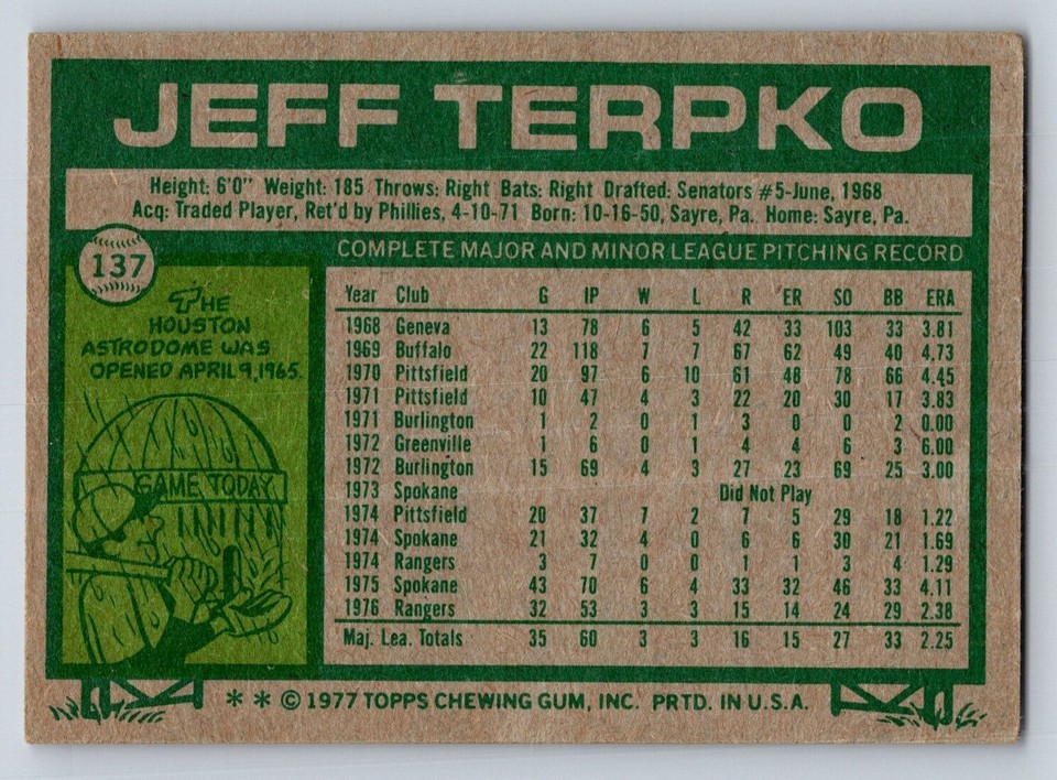 Jeff Terpko Signed 1977 Topps #137 Card Auto | eBay