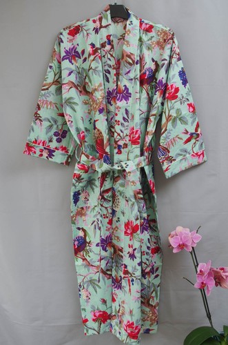 Indian Bird Printed Green Cotton Robes Long Kimono Sleepwear Night ...