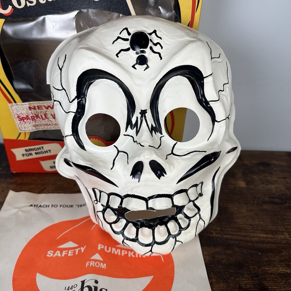 Vintage Collegeville Halloween Skull & Spider Mask Black White w/ Box ...