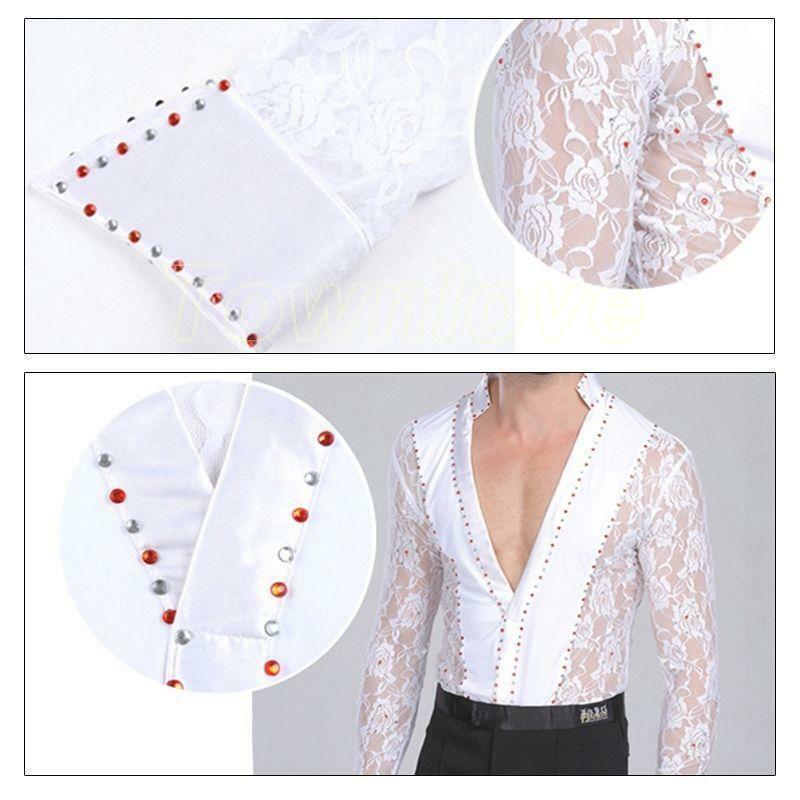 Mens Dancewear Ballroom Rumba Latin Dance Costume Lace V Neck Shirt ...