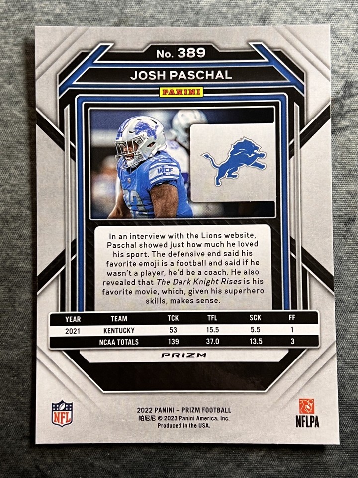 2022 Panini Prizm Josh Pascal Rookie RC Red White Blue Prizm #389 Lions ...