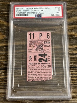 1951 Pirates Dodgers Ticket Stub Jackie Robinson Snider Reese Hits ...