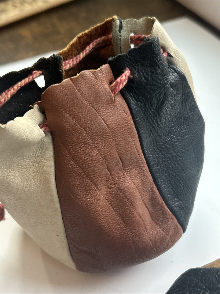 Vintage 2-Tone Leather Drawstring Marble Bag Sack Pouch Satchel Pair ...