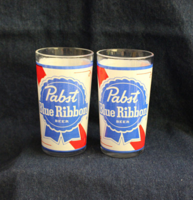 Pair of Pabst Blue Ribbon Beer Glasses~Applied Color Label~8 ounces | eBay