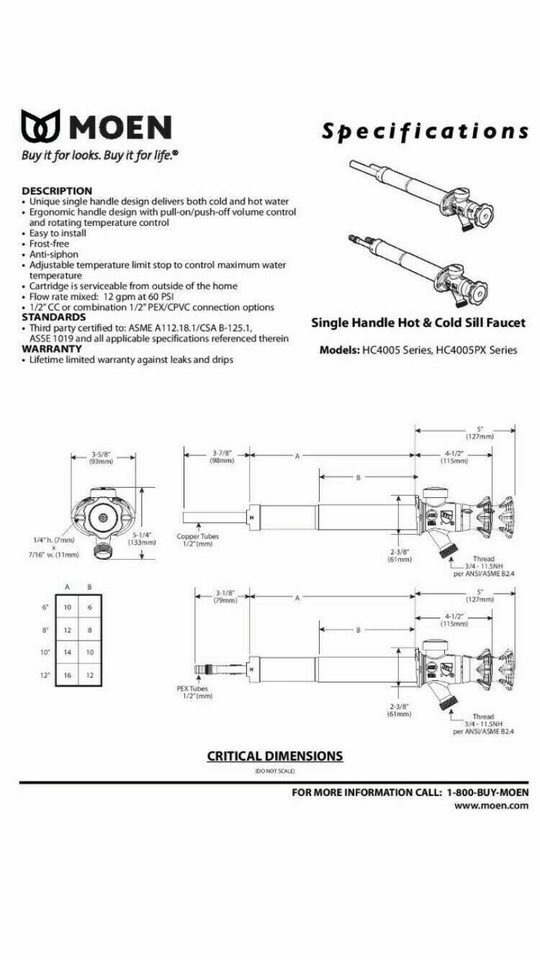 MOEN HC400506 6" Outdoor Hot & Cold Frost Free Sill Faucet BRAND NEW IN ...