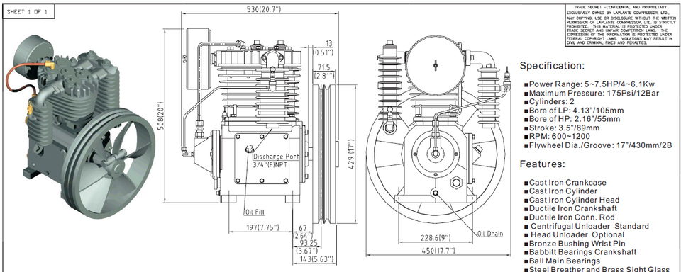 SANBORN INDUSTRIAL 2 STAGE 5HP AIR COMPRESSOR PUMP C-1 / SC23 / 040 ...