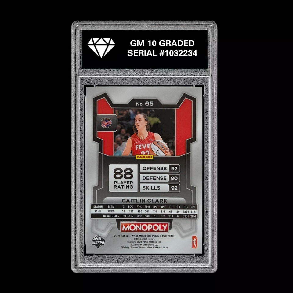 Graded 10 2024 Panini WNBA Monopoly Prizm RC Caitlin Clark Rookie ...