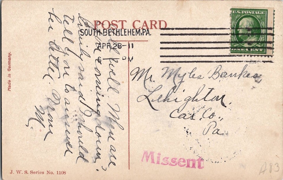 Vintage Postcard Nature Art Missent South Bethlehem Pennsylvania PA ...
