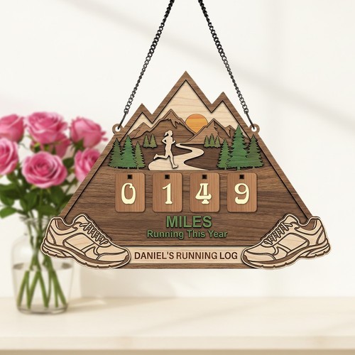 Personalized Running Miles Tracker Sign, Mountain Runner Yearly Mileage ...