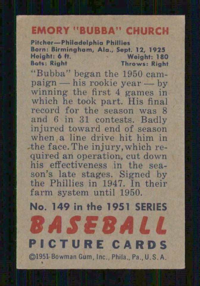 1951 BOWMAN # 149 EMORY CHURCH RC 18271 | eBay