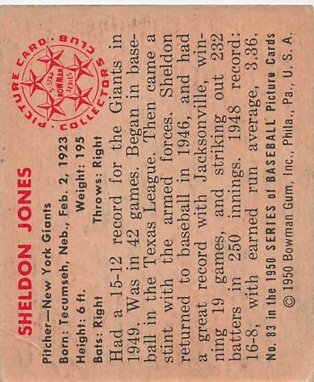 SHELDON JONES 1950 BOWMAN BASEBALL #83 | eBay