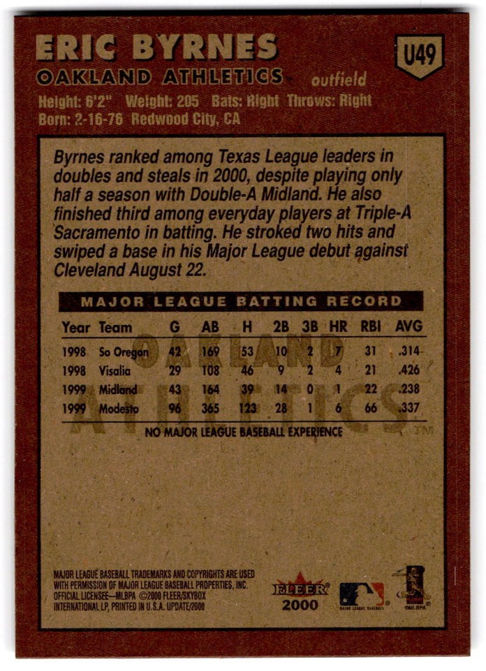 Eric Byrnes 2000 Fleer Tradition Update #U49 RC Oakland Athletics ...