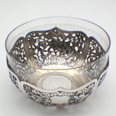 Chinese Export Dragon Bowl 900 Silver Glass Liner Sing Fat Canton | eBay
