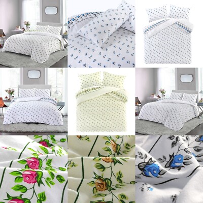 Rosebud Pattern 100% Brushed Cotton Duvet Cover Bed Set Single Double ...