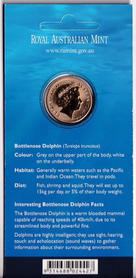 AUSTRALIA: 2006 $1 OCEAN SERIES BOTTLENOSE DOLPHIN COIN ON CARD #M1472 ...