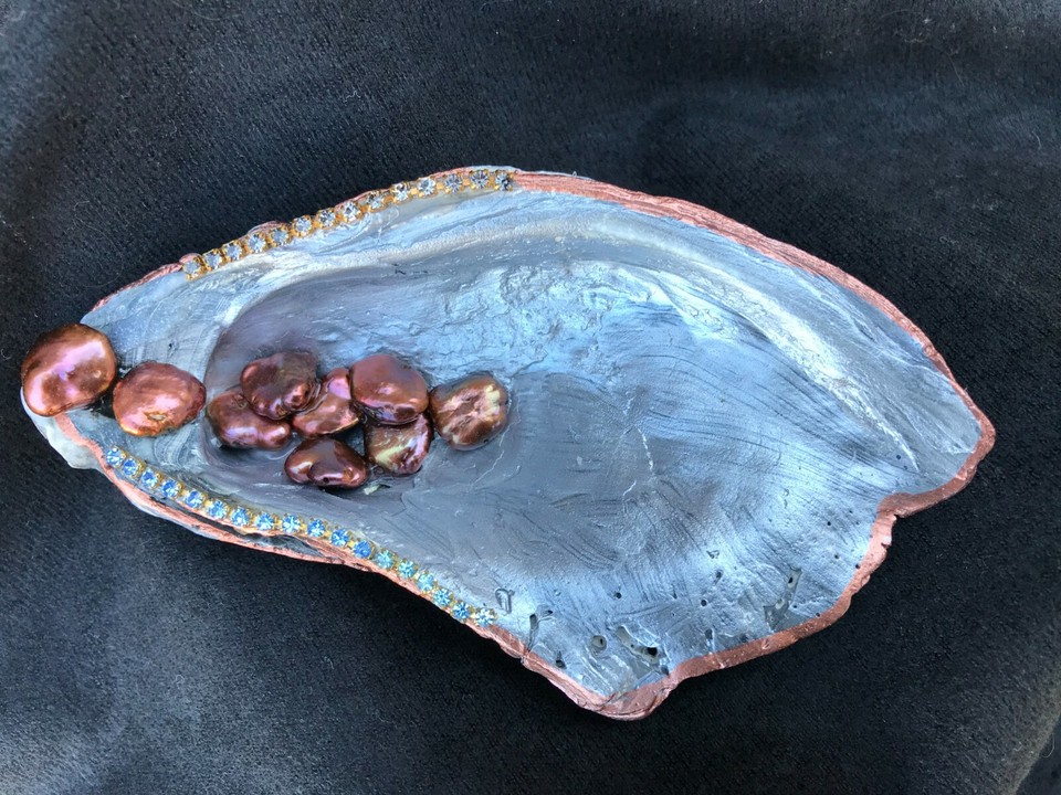 Oyster Shell Ring Dish Metallic Silver Embellished with Pearls ...
