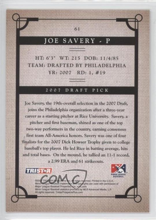 2007 TRISTAR Prospects Plus Joe Savery #61 z6b | eBay