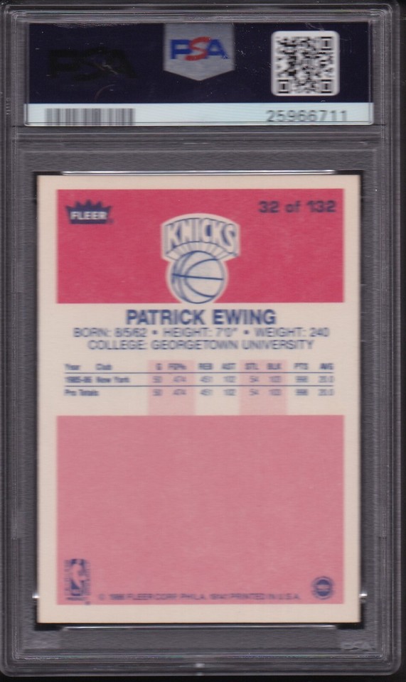 1986 FLEER #32 PATRICK EWING RC KNICKS HOF PSA 6 DNA AUTO 10 ROOKIE ...