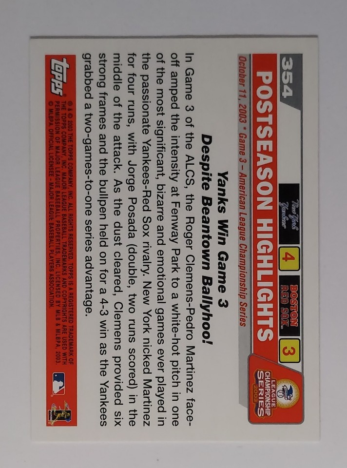 2003 Topps Postseason Highlights #354 Baseball Card Yankees Red Sox | eBay