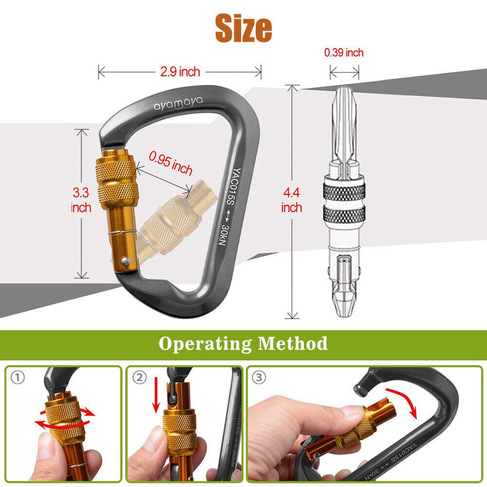 30KN Screw Locking D-shape Carabiner+Arborist Tree Climbing Rope ...