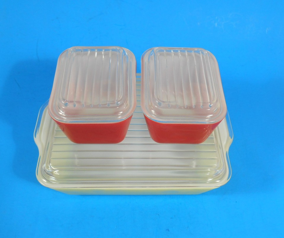 Vintage Pyrex Refrigerator Set Red Yellow 501 501 503 With Lids | eBay