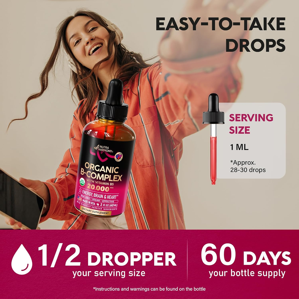 Organic B-Complex Liquid Drops - Vitamin B5, B12, B1, B6, B7, B9, B3 ...