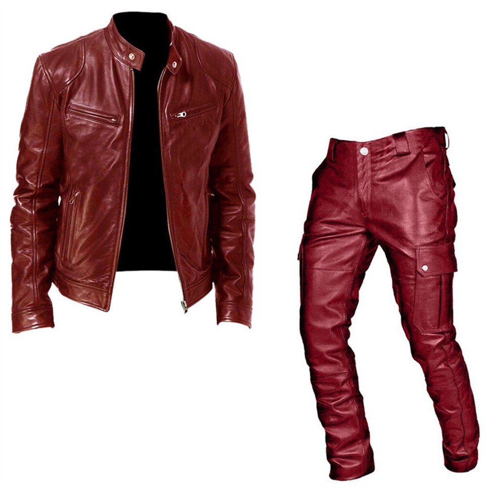 Men's Tracksuits Sets PU Leather Jacket and Pants 2 Piece Sweatsuit ...
