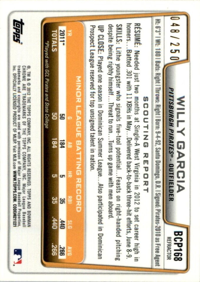 2012 Bowman Chrome Prospects Blue Refractors #BCP168 Willy Garcia /250 ...